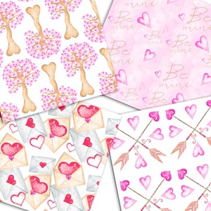 Pink Digital Paper-valentine's Day-love Watercolor-hearts Digital Paper ...