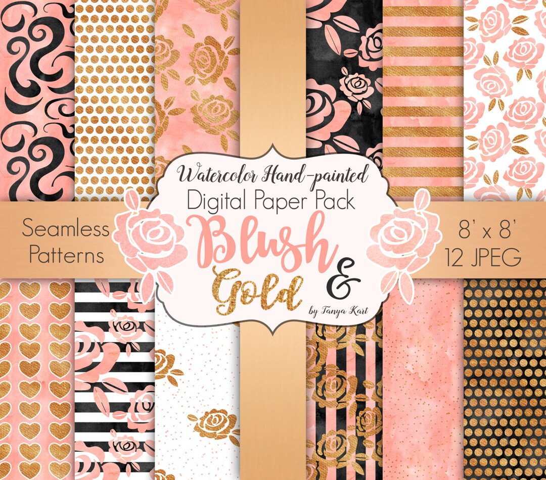 Pink Roses Jpeg Digital Paper Pack, Gold and Blush Watercolor Paper ...