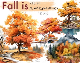 Watercolor Autumn Clipart, Fall Landscape Png Instant Download, Fall ...