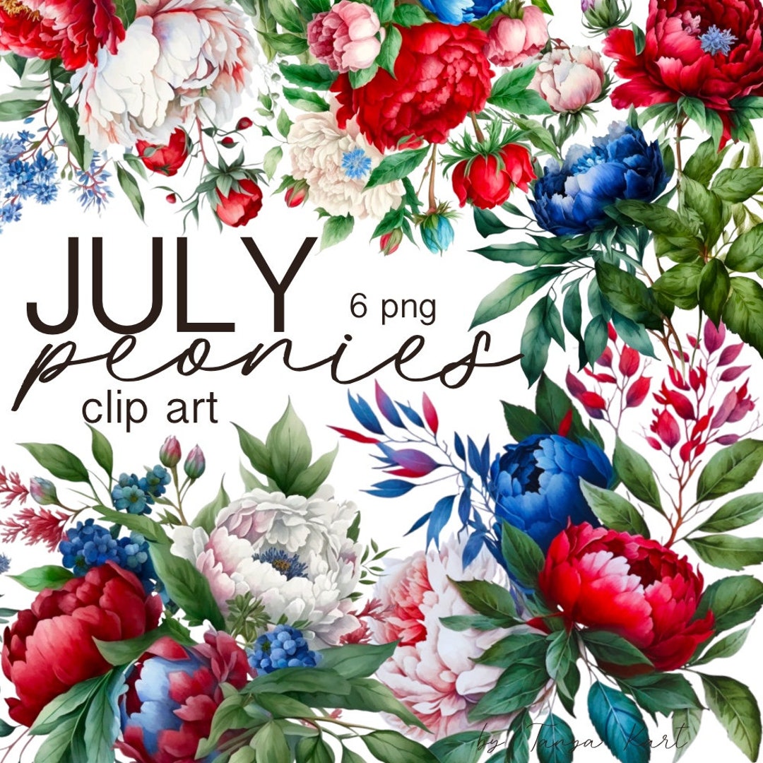 Watercolor July Peonies Clipart Bundle, Digital PNG Designs for ...