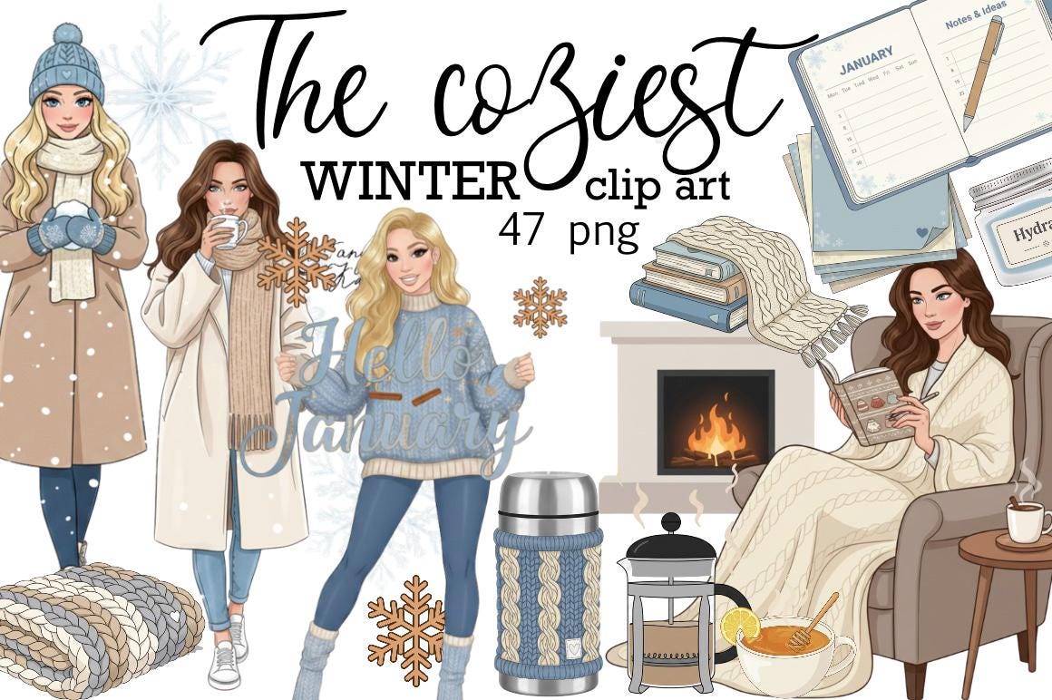Cozy Winter Clipart Bundle | Hygge Digital Stickers PNG | January ...