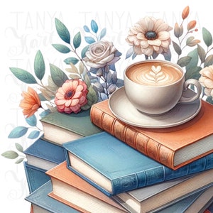 Books and Flowers Digital, Pastel Book & Coffee Pngs Download, Bookworm ...