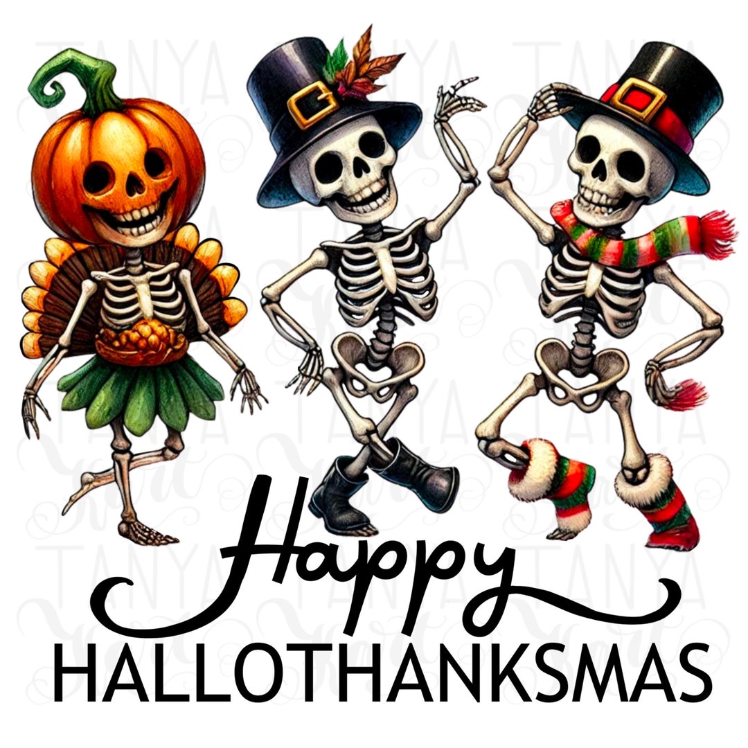 Happy Hallothanksmas PNG, Dancing Skeletons, Funny Halloween Designs ...