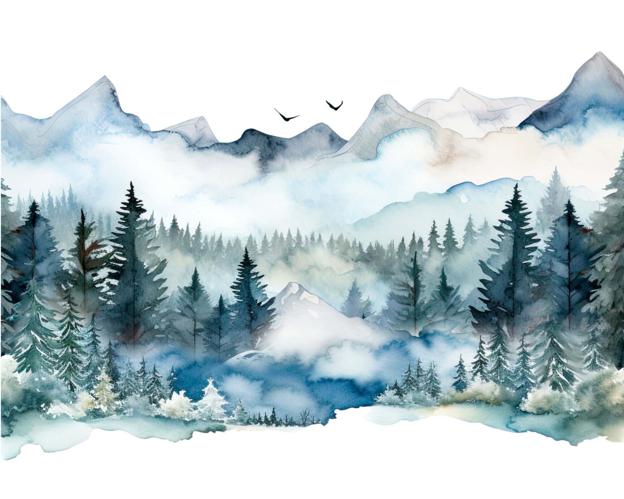 Watercolor Mountains Border Clipart, Smoky Snowy Mountains, Foggy ...