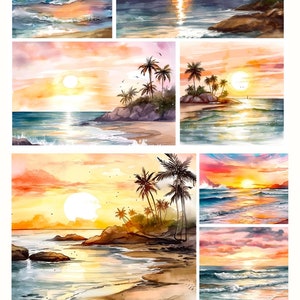 Watercolor Beach Sunsets Digital Paper Pack for Commercial Use, Beach ...
