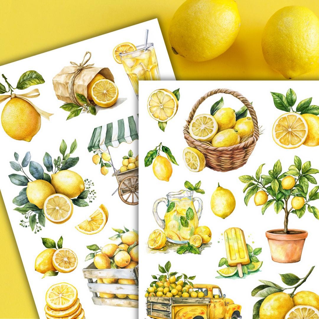 Watercolor Lemon Planner Stickers: Summer Journaling Set (digital ...