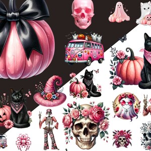 Hippie Halloween Retro PNG Bundle, Pink Hippie Van, Skeletons, Ghosts ...