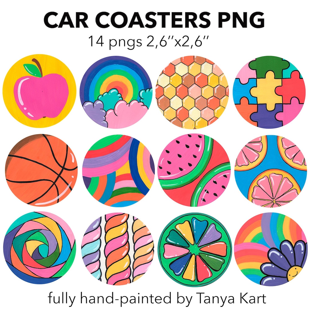 Hand-painted Car Coaster Bundle, Digital PNG, Instant Download ...