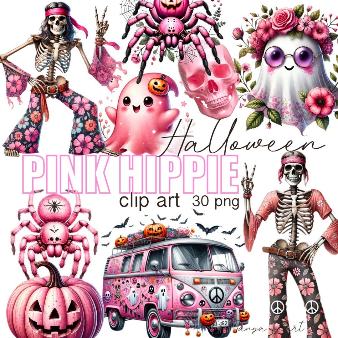 Hippie Halloween Retro PNG Bundle, Pink Hippie Van, Skeletons, Ghosts ...