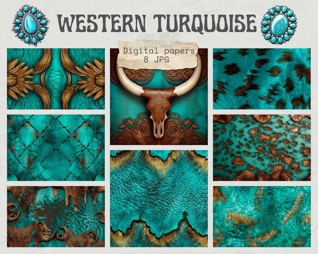 Cowhide Western Turquoise Digital Papers Designs, Cowhide Pattern Jpg ...