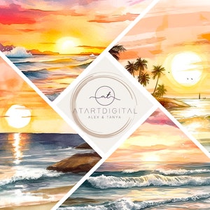 Watercolor Beach Sunsets Digital Paper Pack for Commercial Use, Beach ...