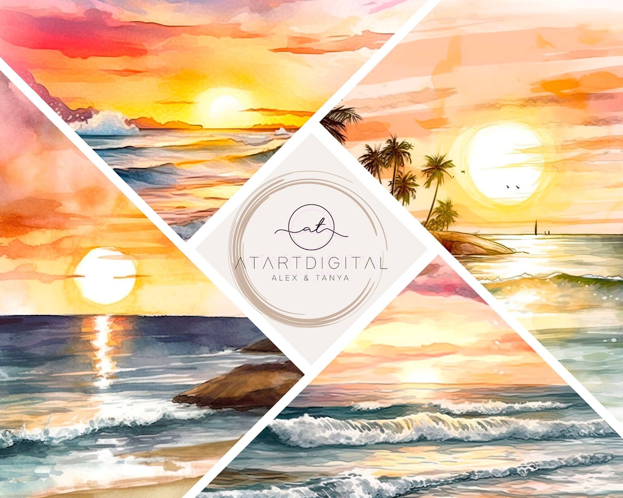 Watercolor Beach Sunsets Digital Paper Pack for Commercial Use, Beach ...