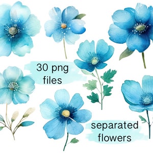 Watercolor Blue Turquoise Flowers Clip Art, Floral Png Instant Download ...