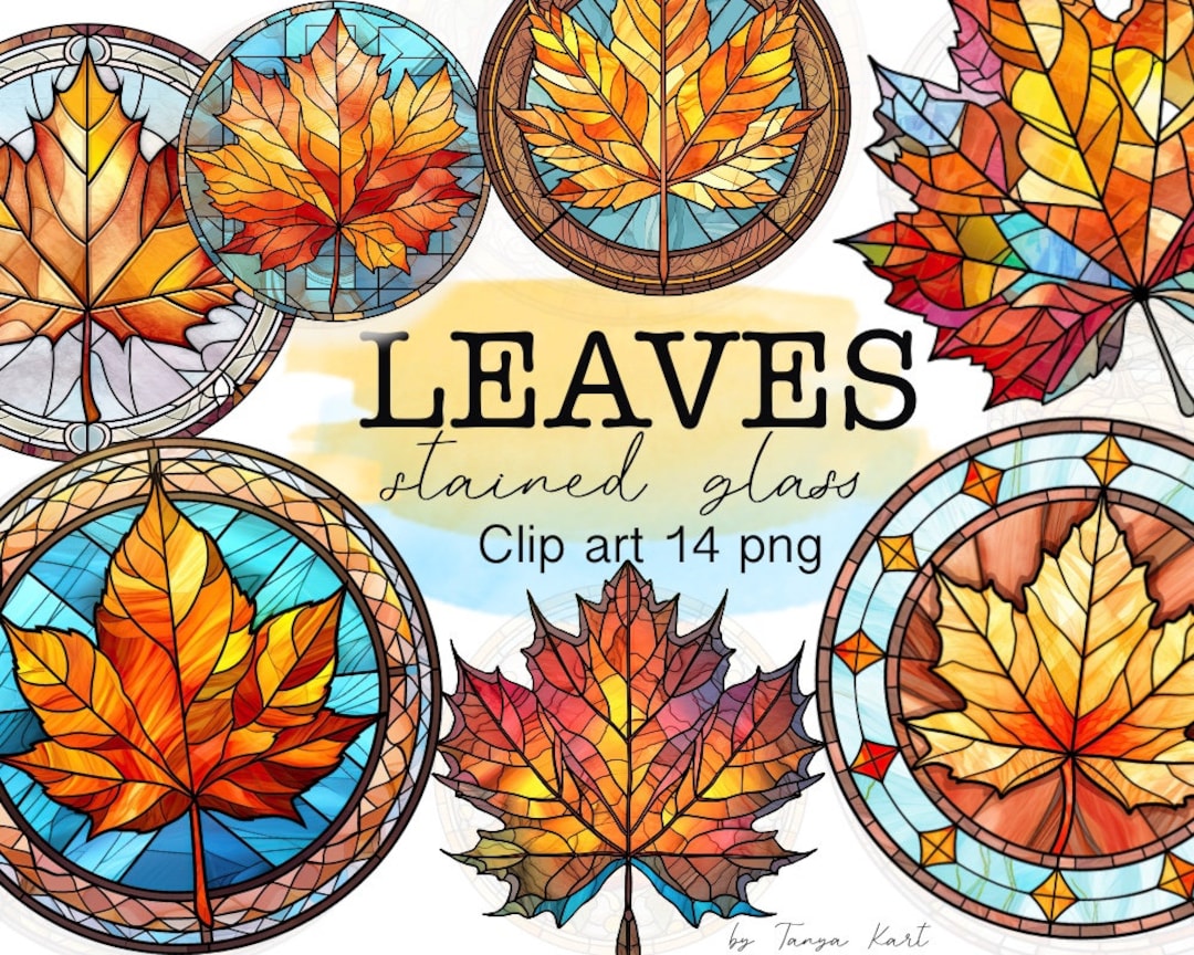 Autumn Leaves PNG Stained Glass Clipart, Fall Foliage Digital Download ...