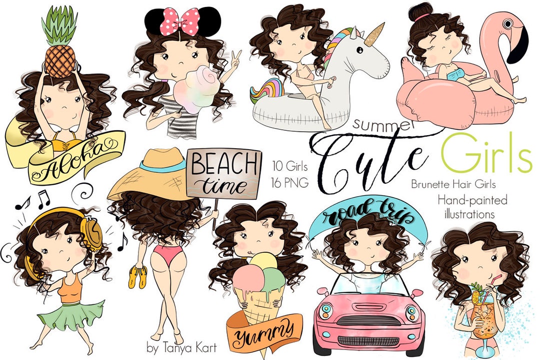 Beach Girl Summer Clipart Bundle - Brunette Hair Girls, Planner ...