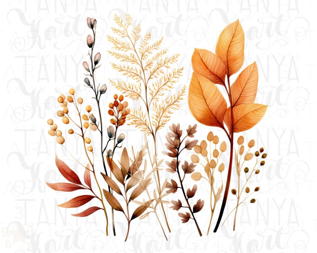 Digital Fall Floral Print, Autumn Leaves Art, Orange Floral Wedding ...