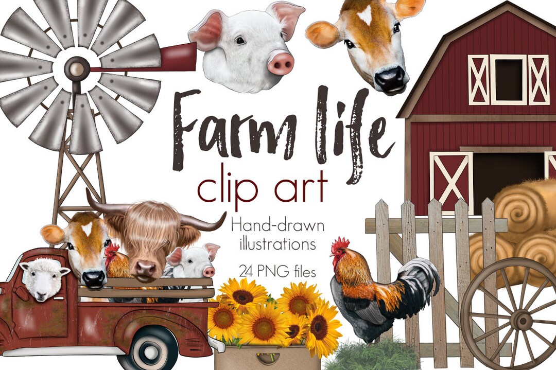 Farm Animal Clipart Bundle, Chicken, Cow, Horse, Scrapbook Elements ...