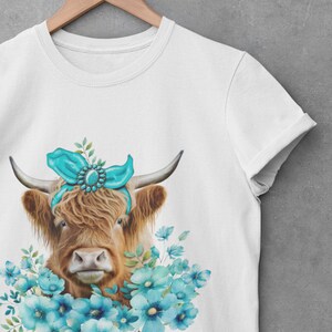 Turquoise Floral Highland Cow PNG: Western Sublimation Design (digital ...