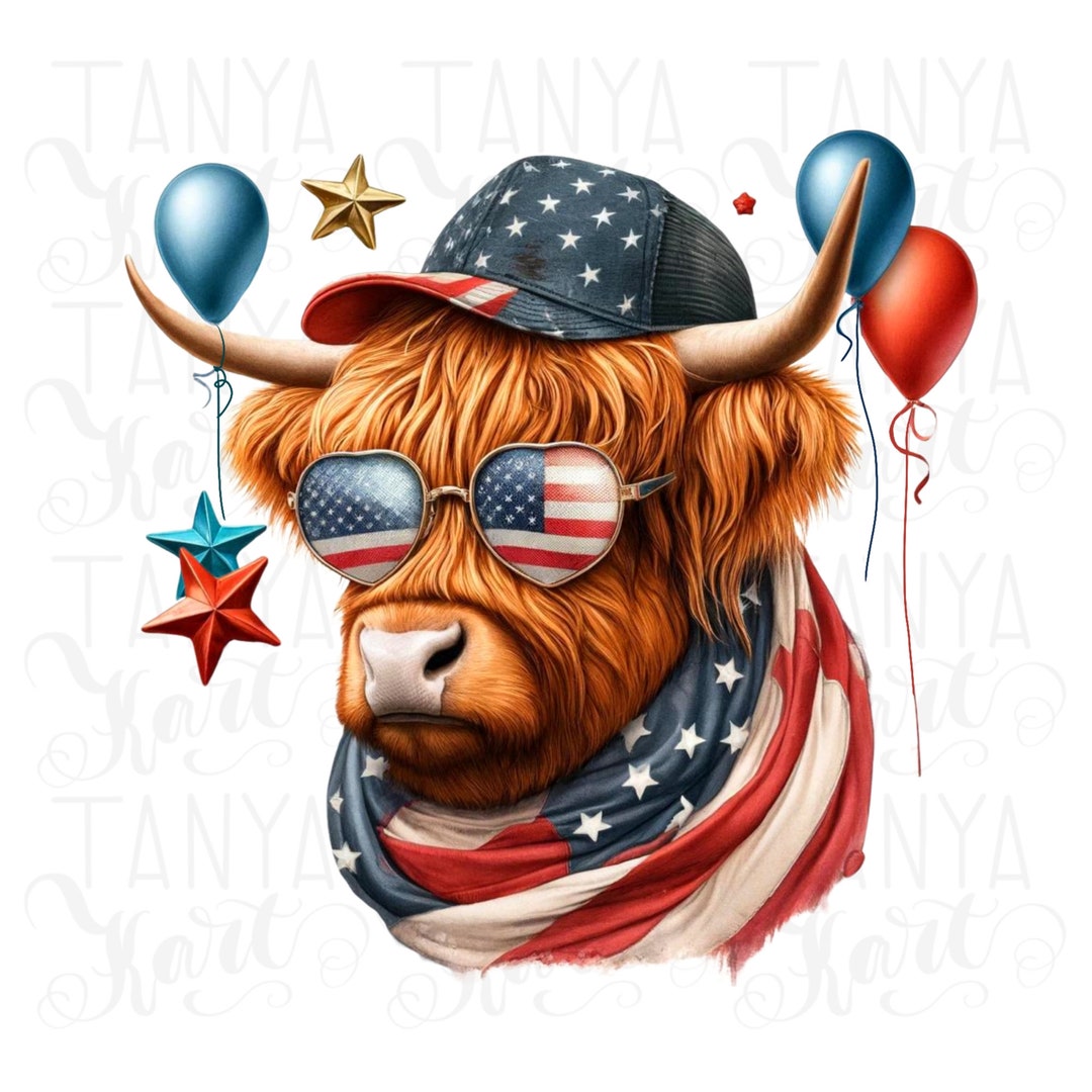Patriotic Highland Cow Sublimation Design | Independence Day Shirt ...