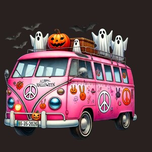 Hippie Halloween Retro PNG Bundle, Pink Hippie Van, Skeletons, Ghosts ...
