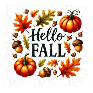 Hello Fall PNG, Cute Pumpkin and Leaves Digital Print, Pumpkin Season ...