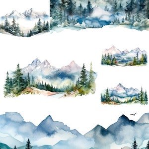 Watercolor Mountains Border Clipart, Smoky Snowy Mountains, Foggy ...