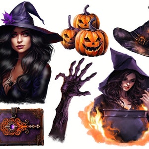 Spooky Halloween Witches PNG Clipart Bundle, Mystical Fantasy & Gothic ...