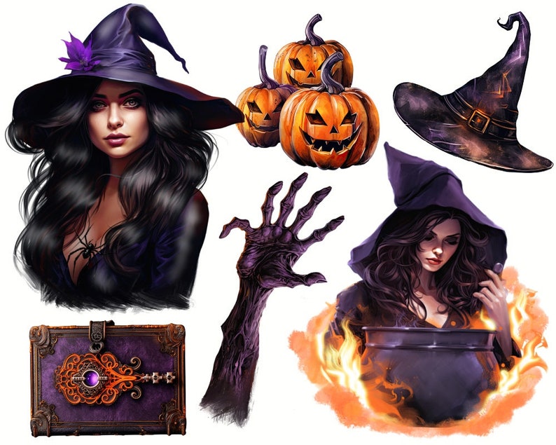Spooky Halloween Witches PNG Clipart Bundle, Mystical Fantasy & Gothic ...