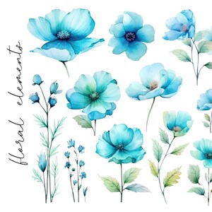 Watercolor Blue Turquoise Flowers Clip Art, Floral Png Instant Download ...