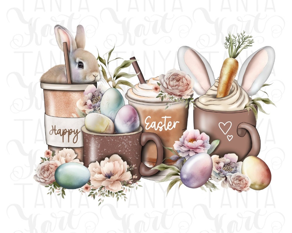 Happy Easter Coffee Cups Png Sublimation Designs, Rabbit Illustration ...