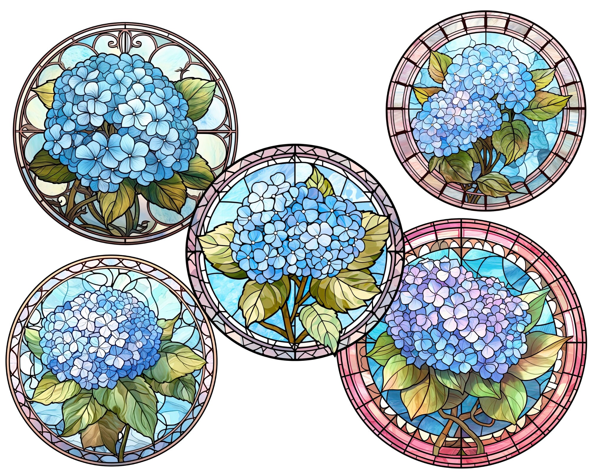 Blue Hydrangea Stained Glass Clipart: Floral PNG Bundle (digital ...