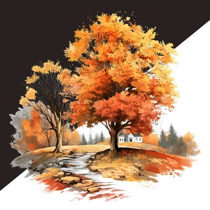 Watercolor Autumn Clipart, Fall Landscape Png Instant Download, Fall ...