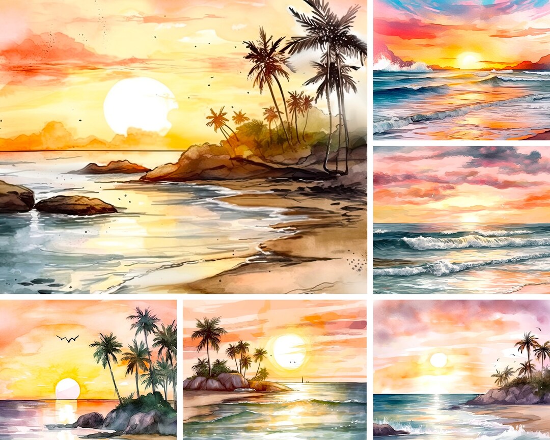 Watercolor Beach Sunsets Digital Paper Pack for Commercial Use, Beach ...