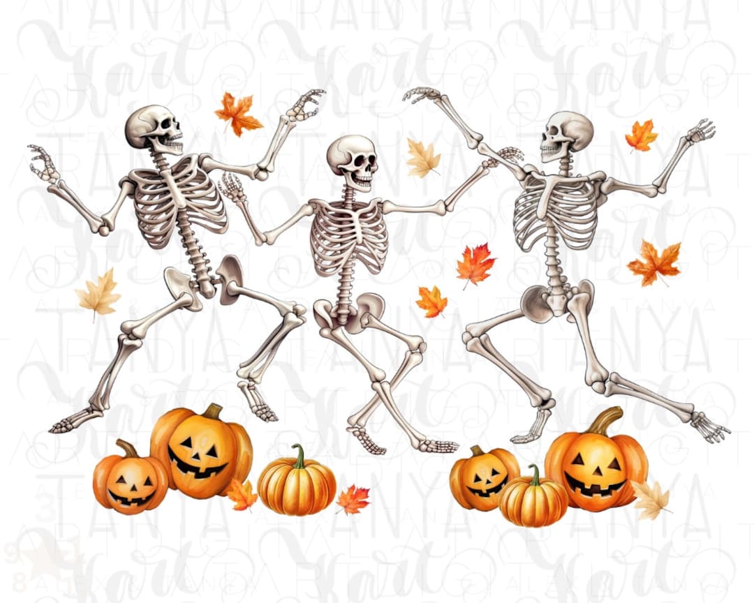 Skeleton Graphic PNG: Dancing Autumn Skeletons, Orange Lantern, Graphic ...