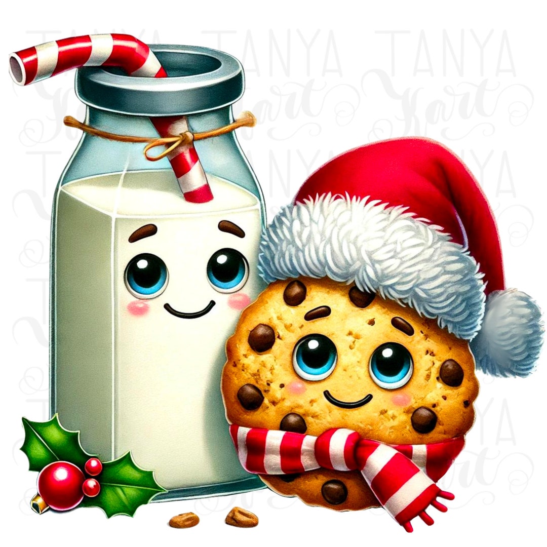Kawaii Milk and Cookie PNG, Retro Watercolor Christmas Cookie ...