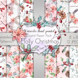 Pink Christmas Paper, Floral Digital Paper, Scrapbook Paper, Holidays ...