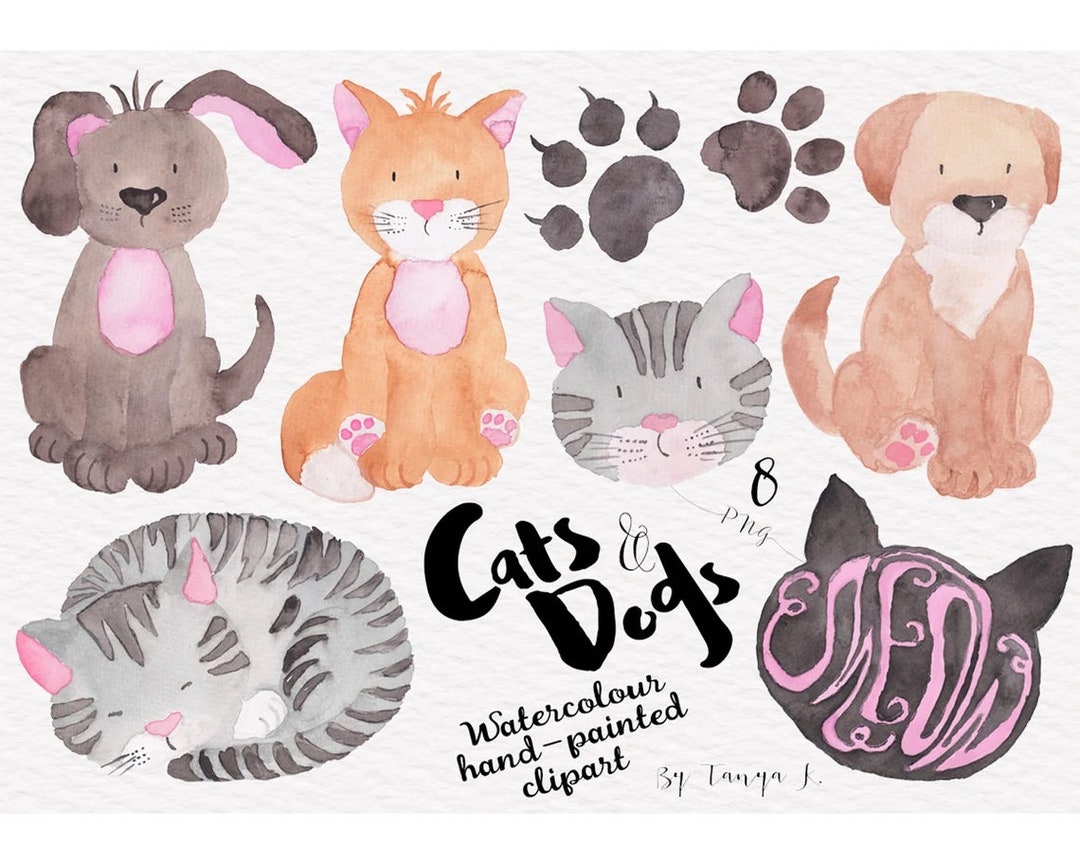 Watercolor Pet Clipart Cats Dogs and Paw Prints Puppy - Etsy