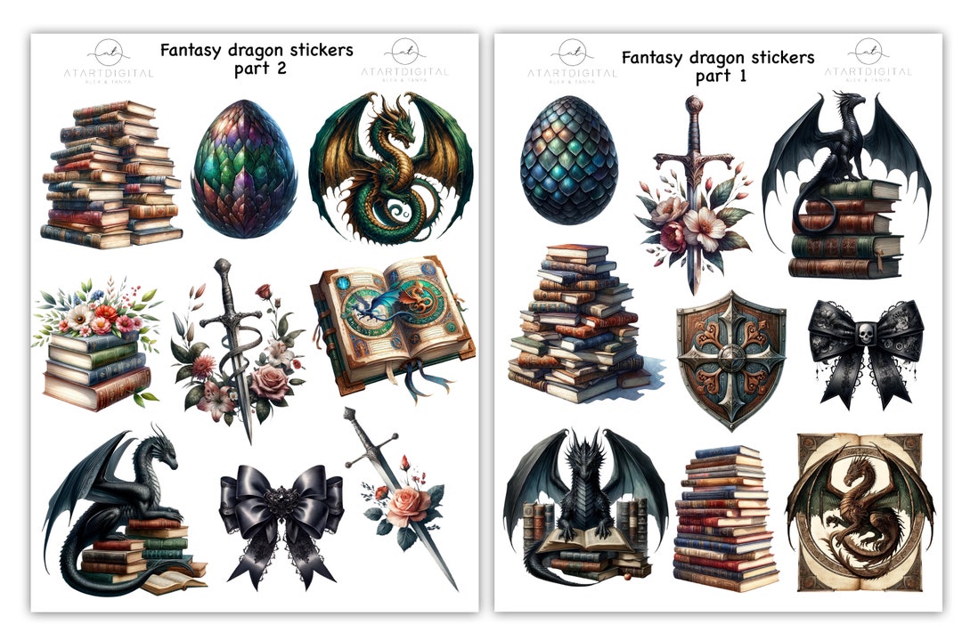 Fantasy Dragon & Book Stickers: Gothic Planner Set (goodnotes, PNG, PDF ...