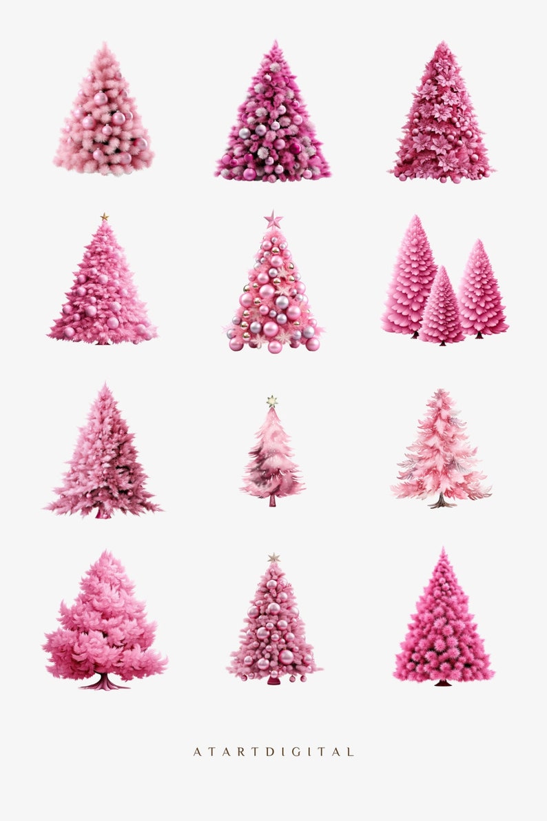 Pink Christmas Trees Clipart Bundle, Png Digital Download for Holiday ...
