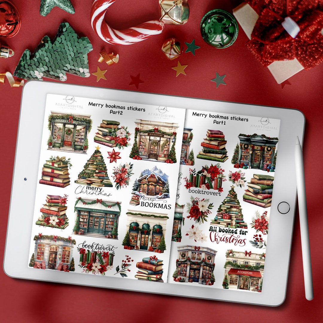 Christmas Bookworm Sticker Pack, Digital Book Stickers Set, PNG Files ...