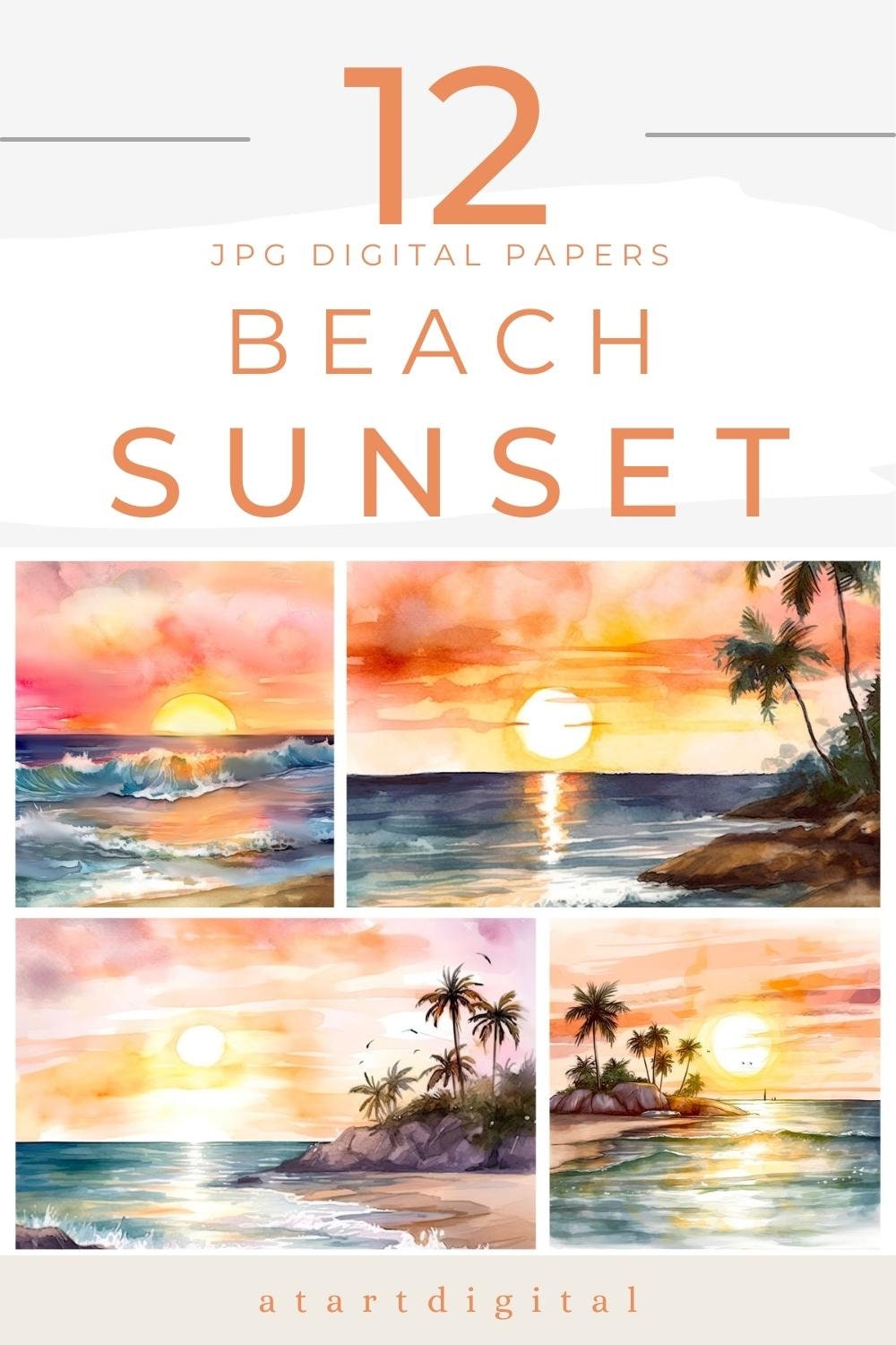 Watercolor Beach Sunsets Digital Paper Pack for Commercial Use, Beach ...