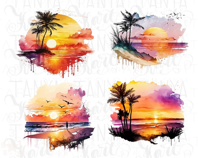 Sunset Png Clipart, Watercolor Beach, Digital Download, Colorful ...
