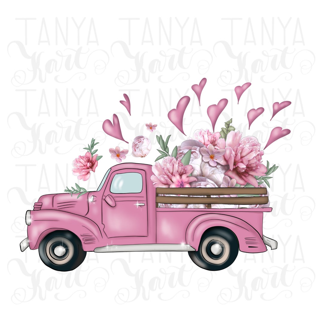 Pink Valentine Truck With Flowers Digital Png File, Car With Hearts ...