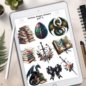 Fantasy Dragon & Book Stickers: Gothic Planner Set (goodnotes, PNG, PDF ...