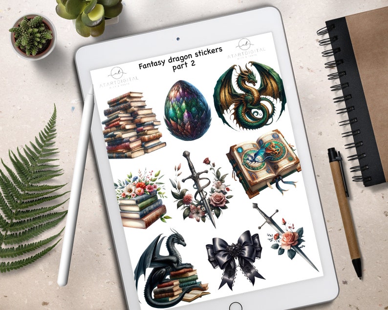 Fantasy Dragon & Book Stickers: Gothic Planner Set (goodnotes, PNG, PDF ...