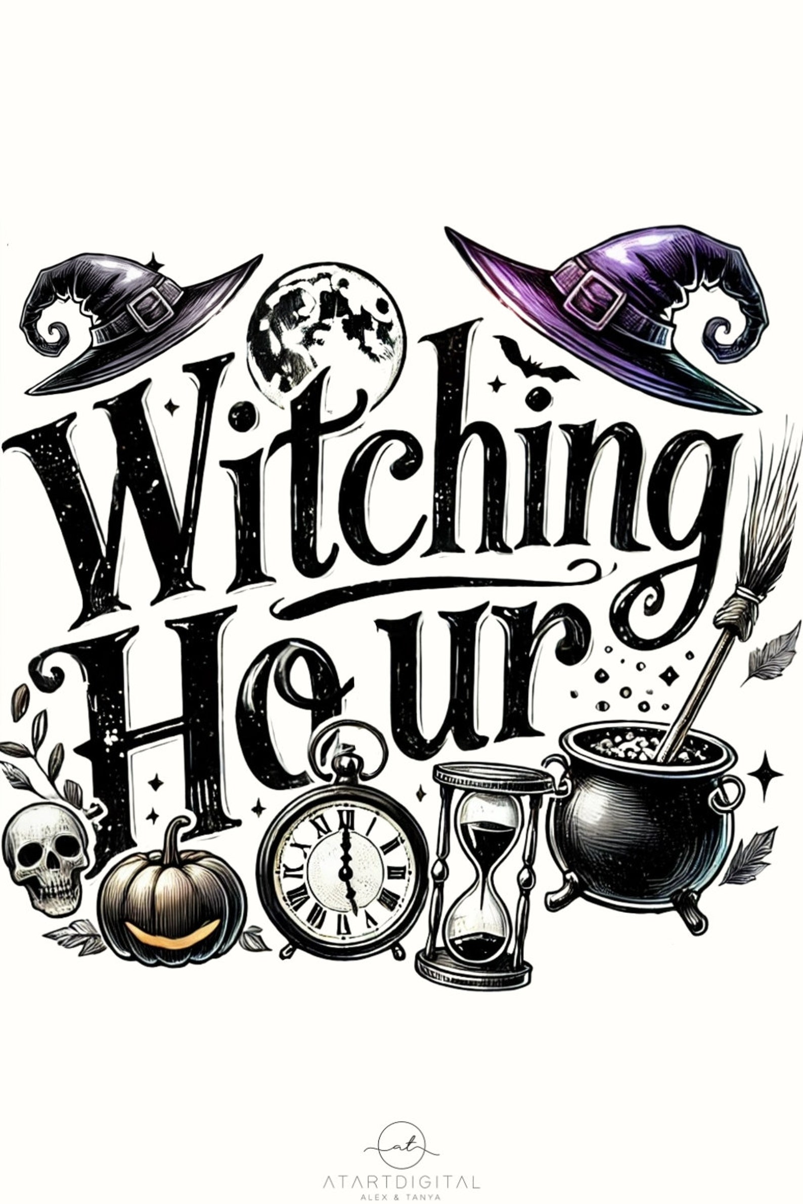 Witching Hour, Retro Halloween PNG for Printable Art and T-shirt Designs, Instant Download ...