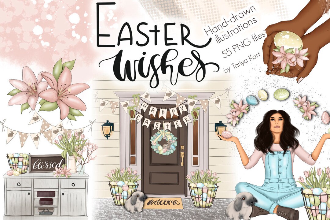 Easter Bunny Spring Clipart Bundle, Cute Rabbit, Colorful Eggs, Fashion ...