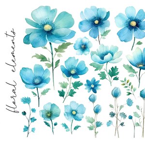 Watercolor Blue Turquoise Flowers Clip Art, Floral Png Instant Download ...