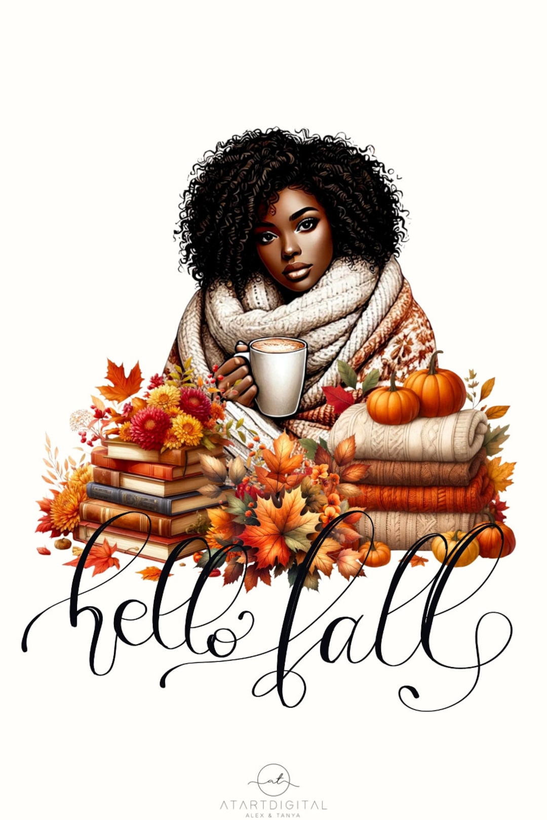 Hello Fall PNG, Autumn Black Girl, Digital Print for Card Making and ...