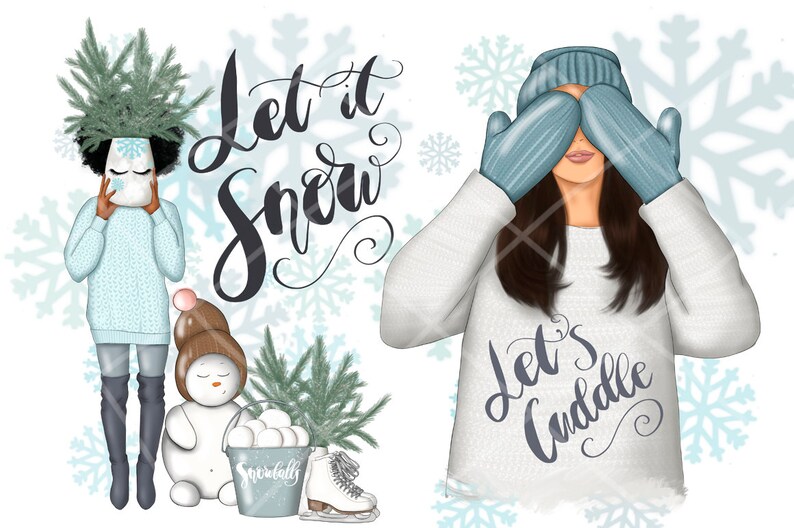 Winter Vibes Clipart Set - Fashion Girl, Snowman, Cold Weather, Cozy ...